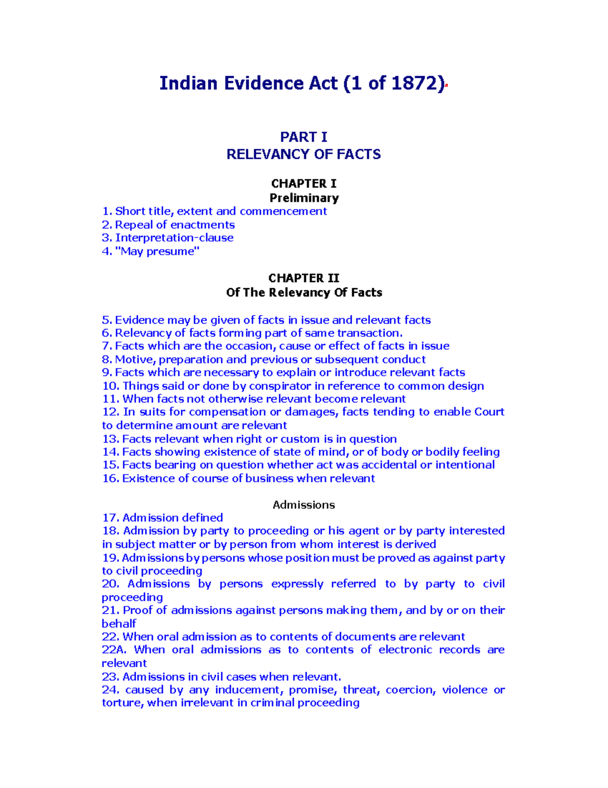 Indian Evidence Act object & reason - full act - Indian Evidence Act (1 ...