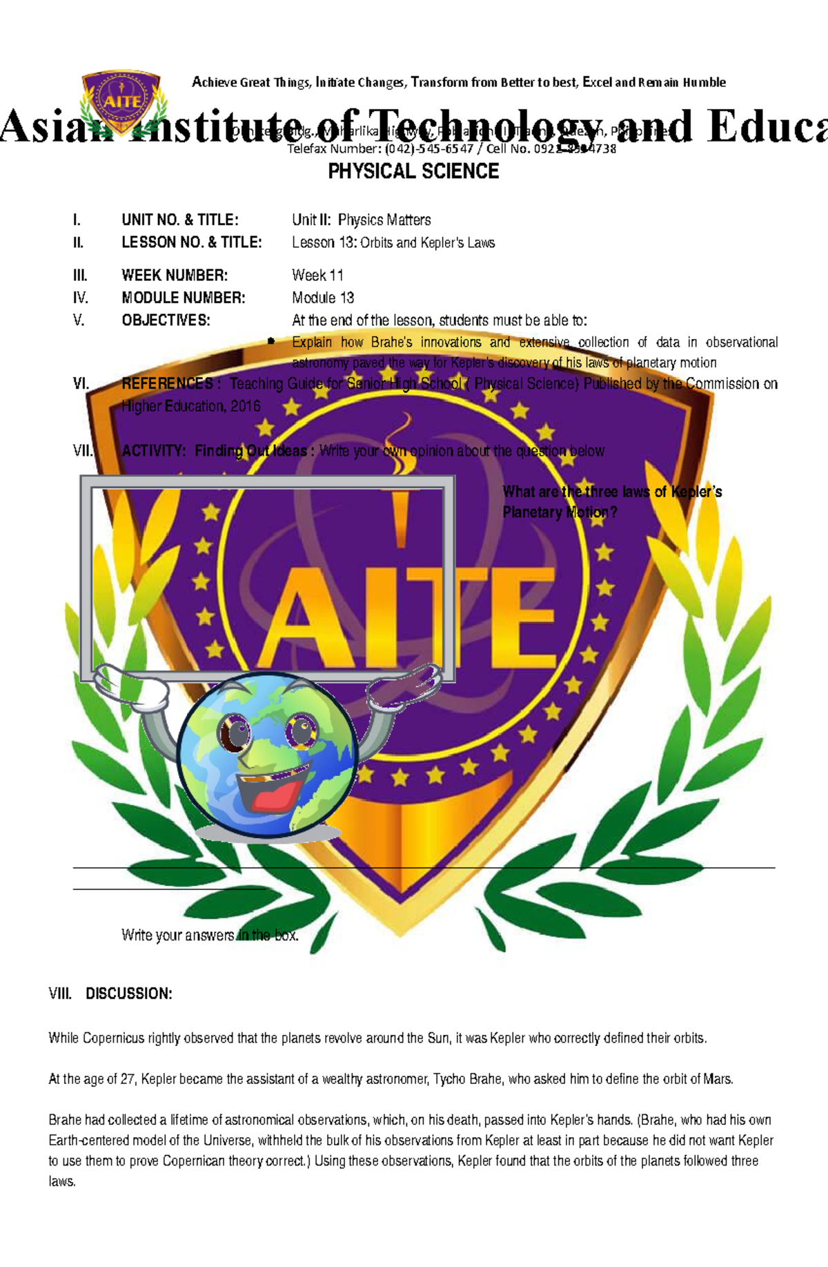 Module 13 Physical Science - PHYSICAL SCIENCE I. UNIT NO. & TITLE: Unit ...