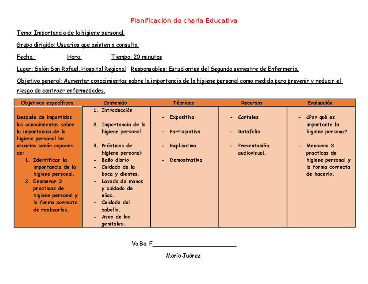 Planificación de charla Educativa - Planificación de charla Educativa ...