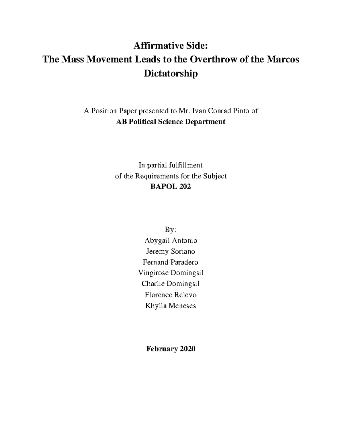 Affirmative SIDE { Position Paper} - Affirmative Side: The Mass ...