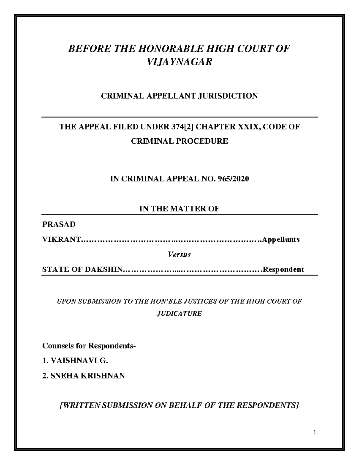 Moot 1 respondent - Seminar presentation - BEFORE THE HONORABLE HIGH ...