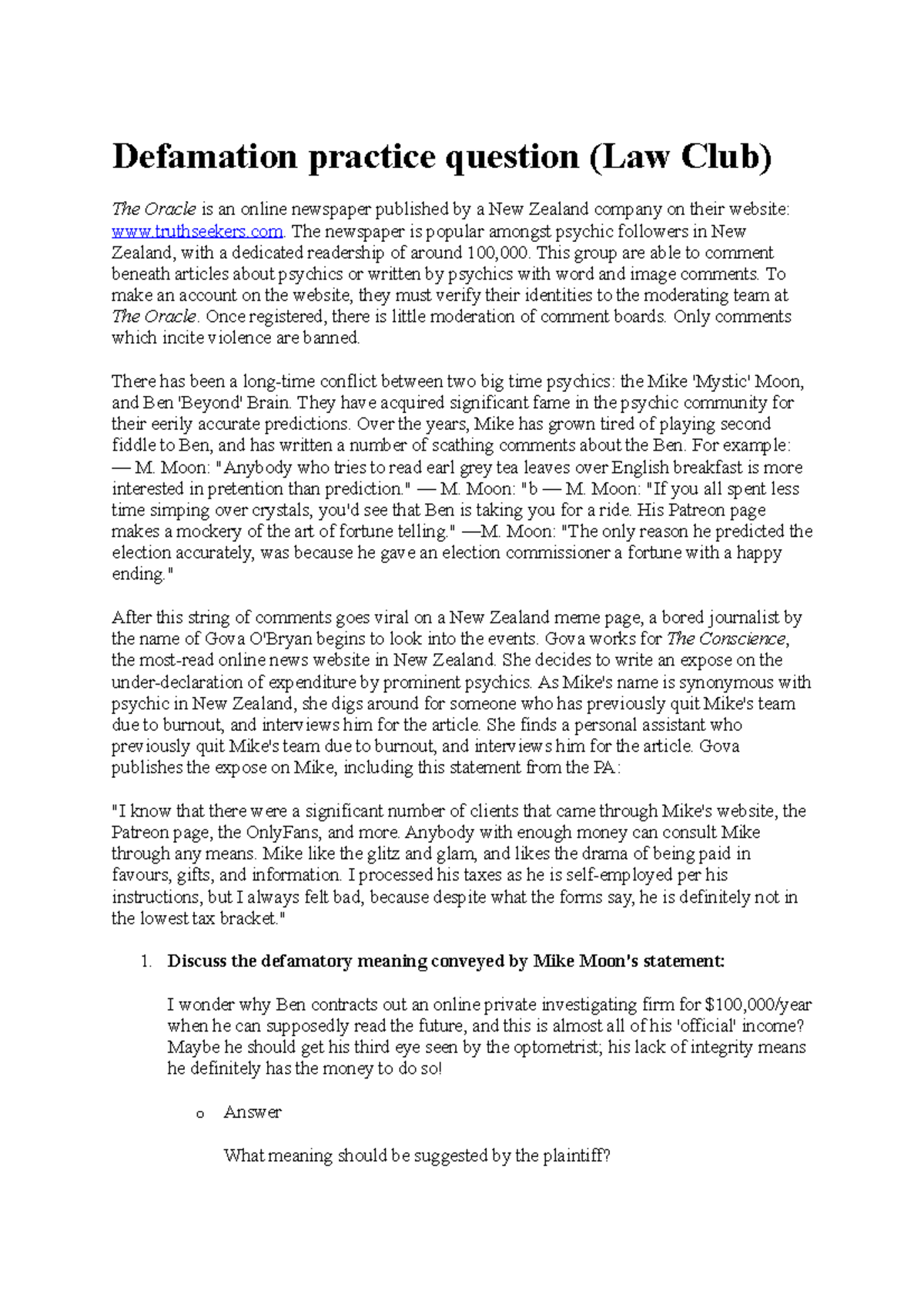 Laws301 defamation practice question - Defamation practice question ...