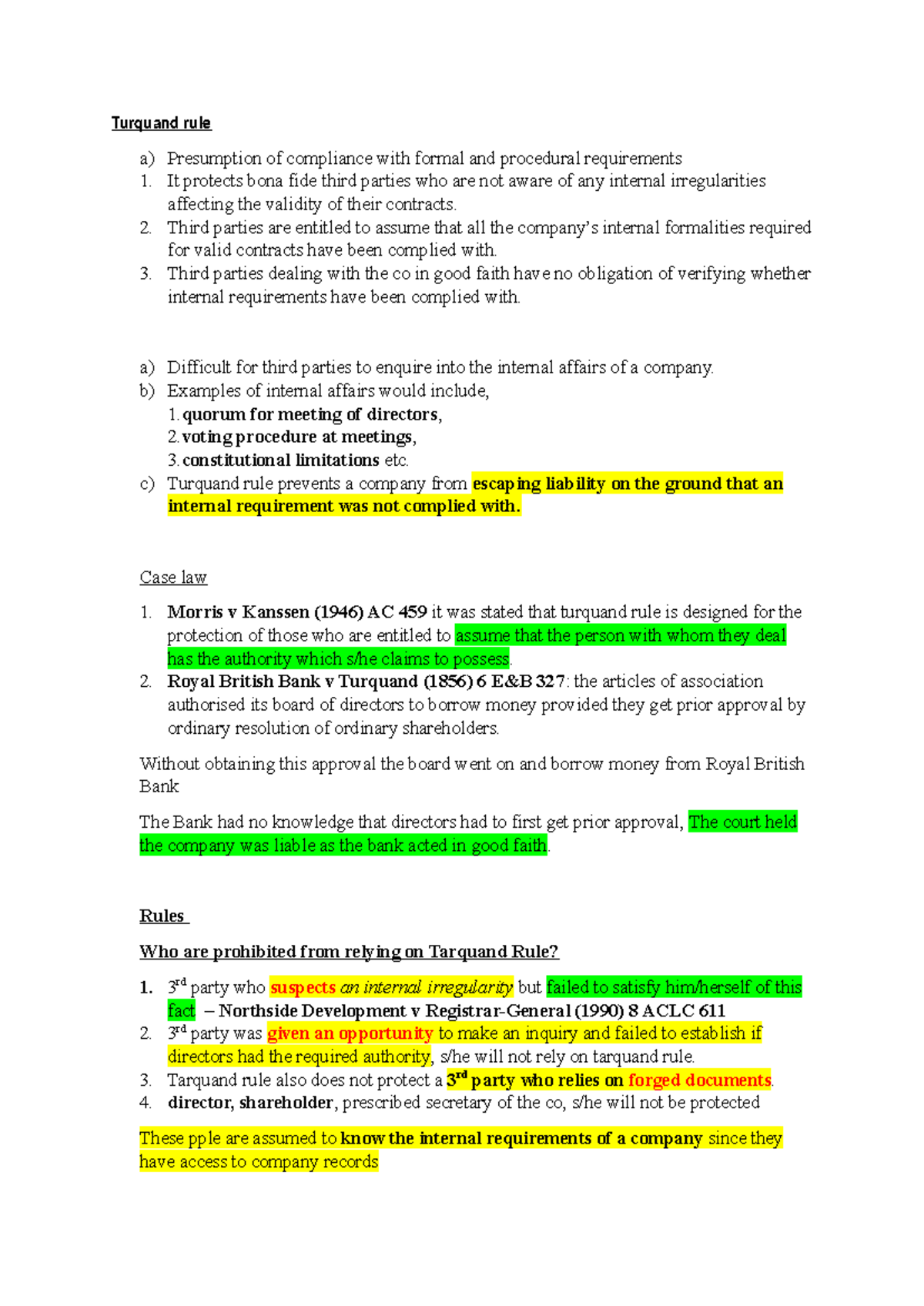 Turquand rule - Turquand rule a) Presumption of compliance with formal ...