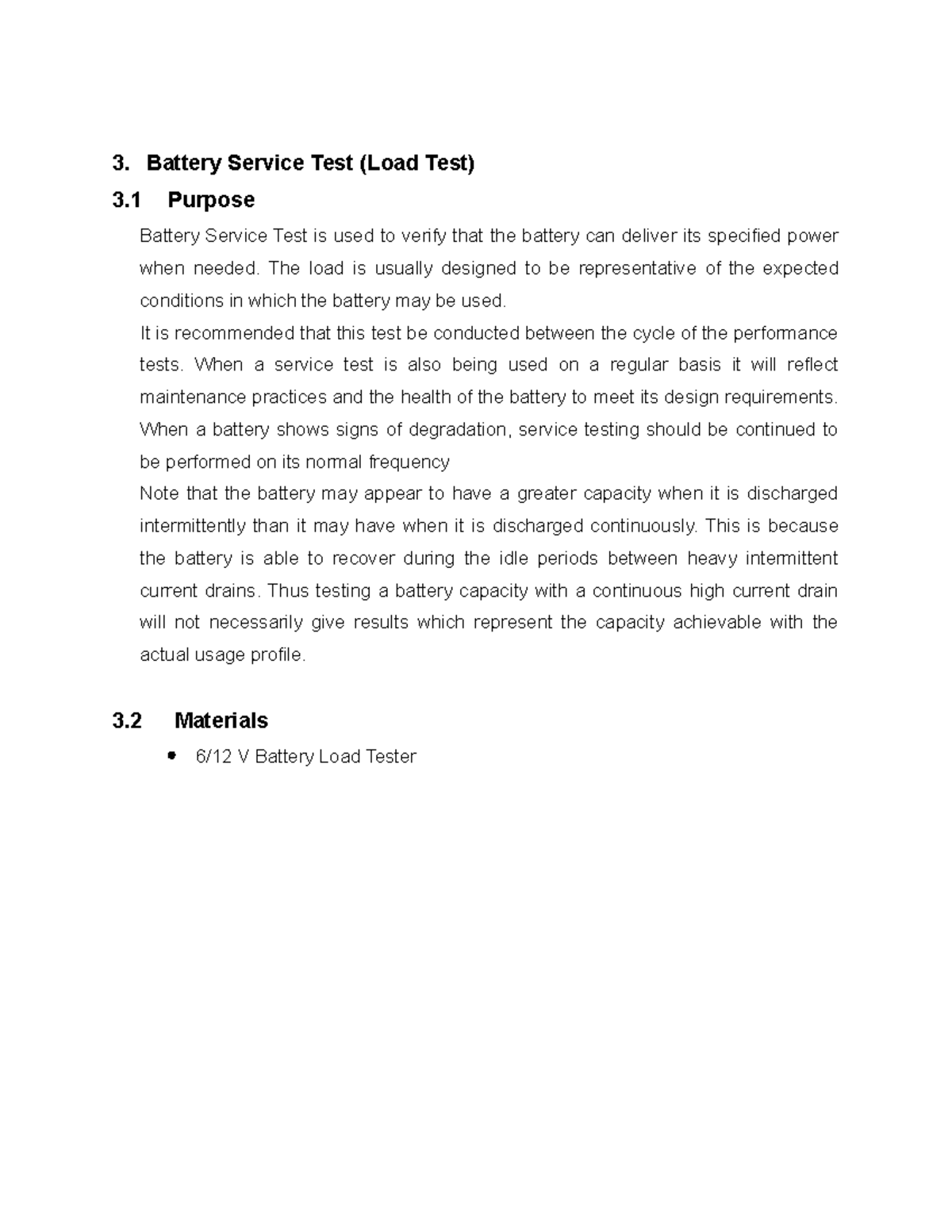 Battery Service Test - Lecture notes 1 - 3. Battery Service Test (Load ...