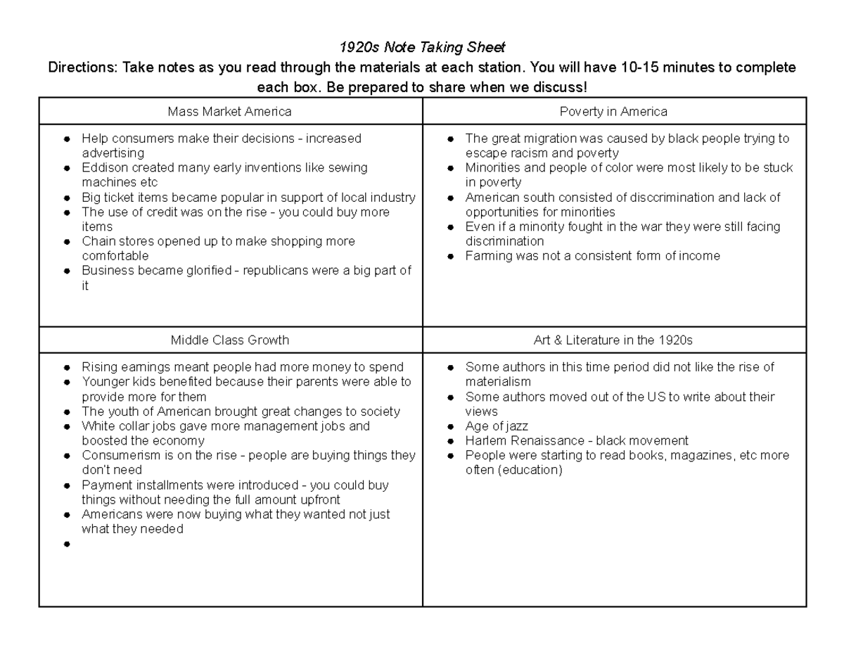 1920s Class Notes - 1920s Note Taking Sheet Directions: Take notes as ...