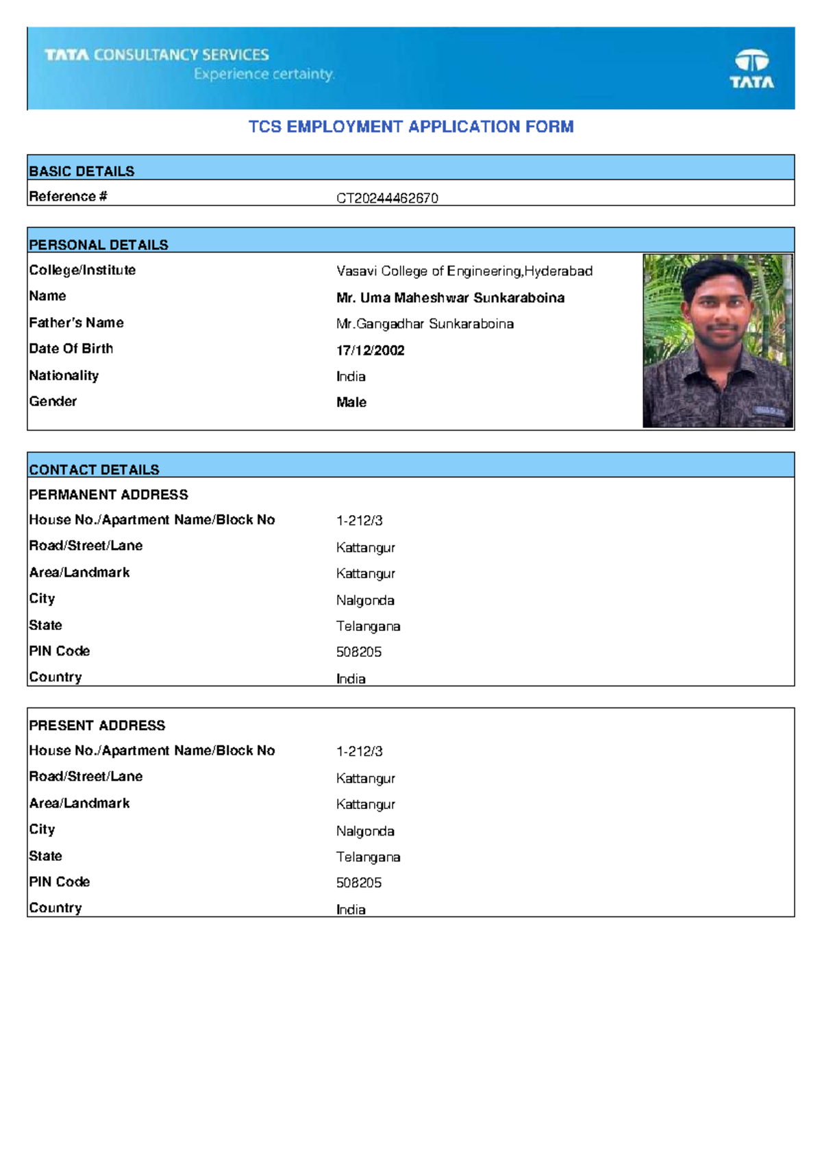 CT20244462670 Application - TCS EMPLOYMENT APPLICATION FORM BASIC ...