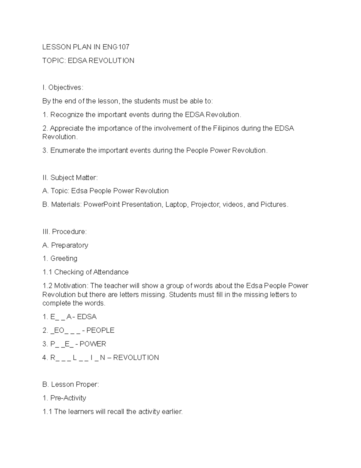 EDSA Lesson PLAN - LESSON PLAN IN ENG TOPIC: EDSA REVOLUTION I ...
