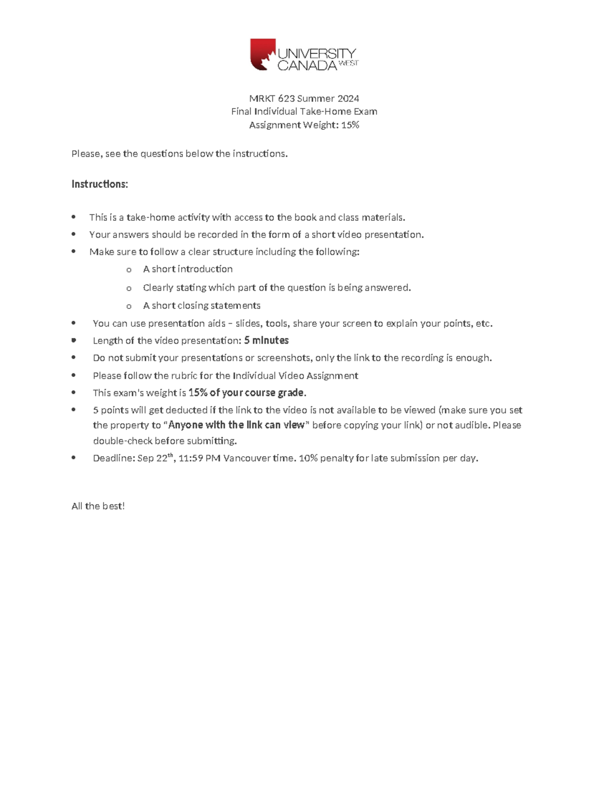 Final Individual Exam - Part 1 - MRKT 623 Summer 2024 Final Individual ...