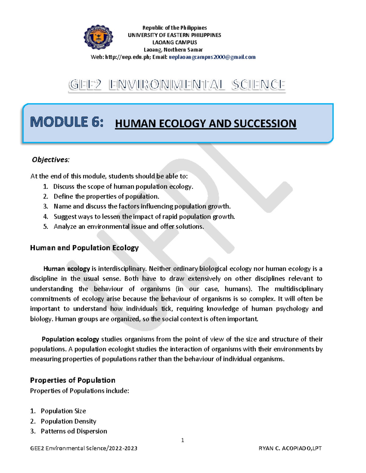 ES-Module-6 - Read carefully - 1 Republic of the Philippines UNIVERSITY OF EASTERN PHILIPPINES ...