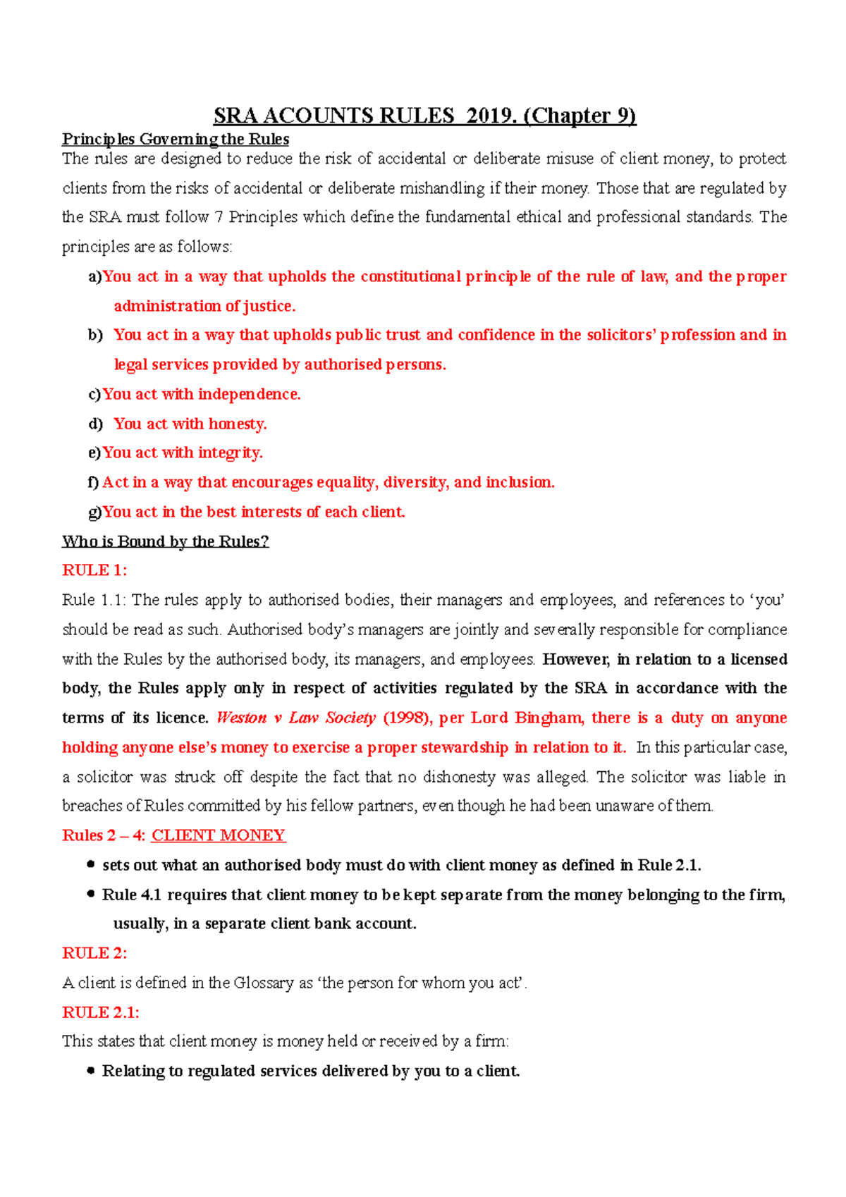 Sols Account Notes Legal Practice Course - SRA ACOUNTS RULES 2019 ...
