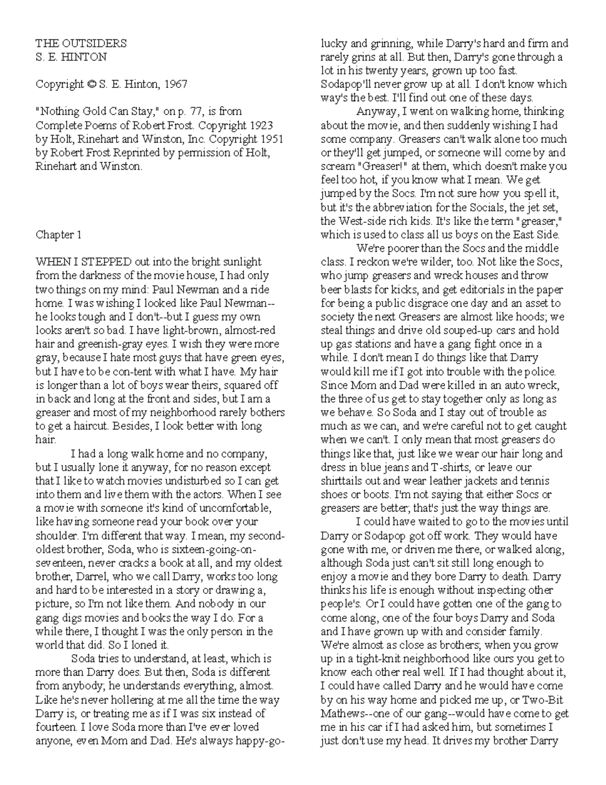 The outsiders - Outsider text - THE OUTSIDERS S. E. HINTON Copyright ...