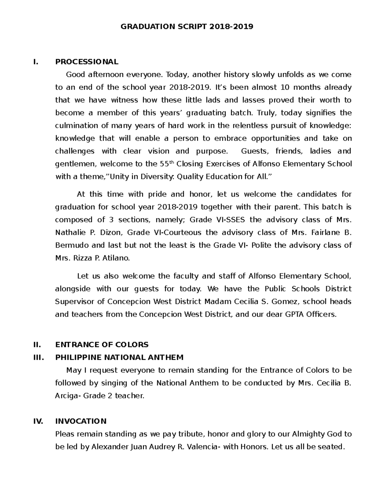 Graduation Script 18 19 - GRADUATION SCRIPT 2018- I. PROCESSIONAL Good ...