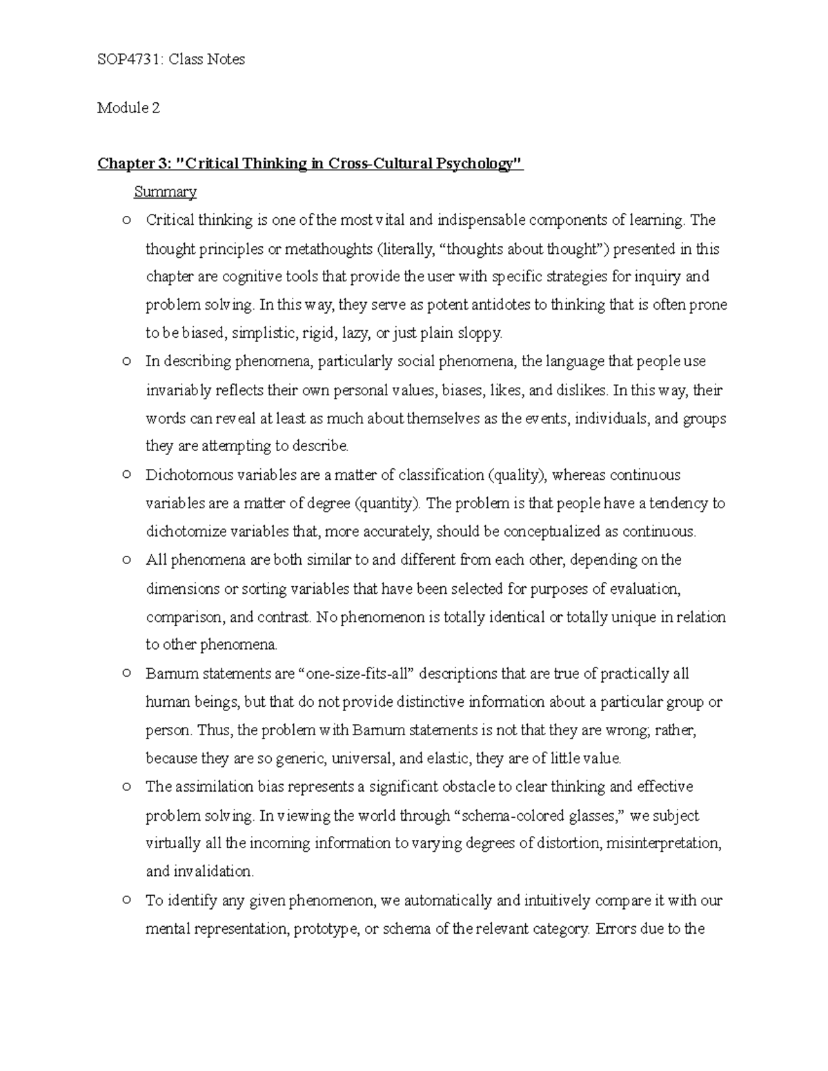 SOP4731-Module 2Notes - Module 2 Chapter 3: "Critical Thinking in Cross ...