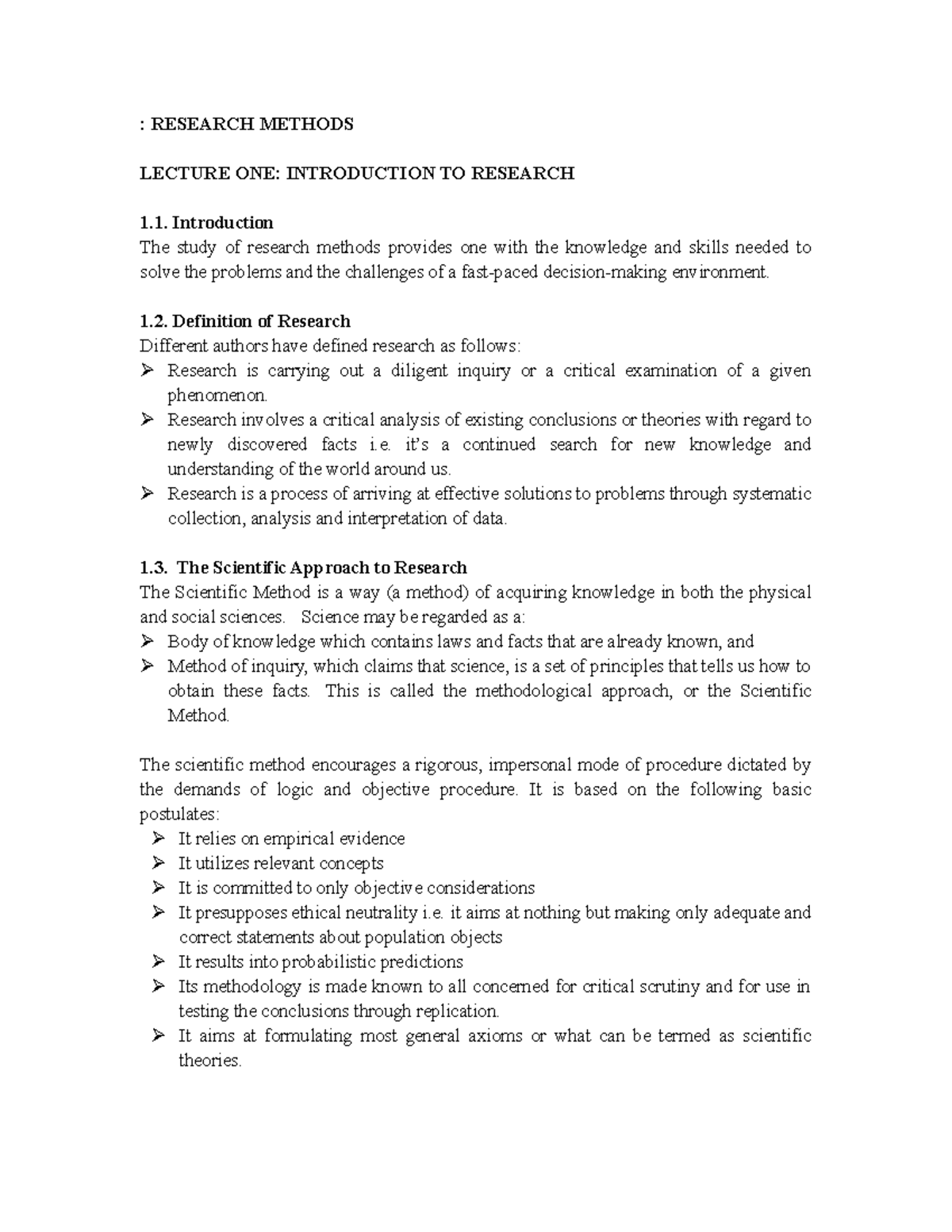 Research Notes-1 - Notes - : RESEARCH METHODS LECTURE ONE: INTRODUCTION ...