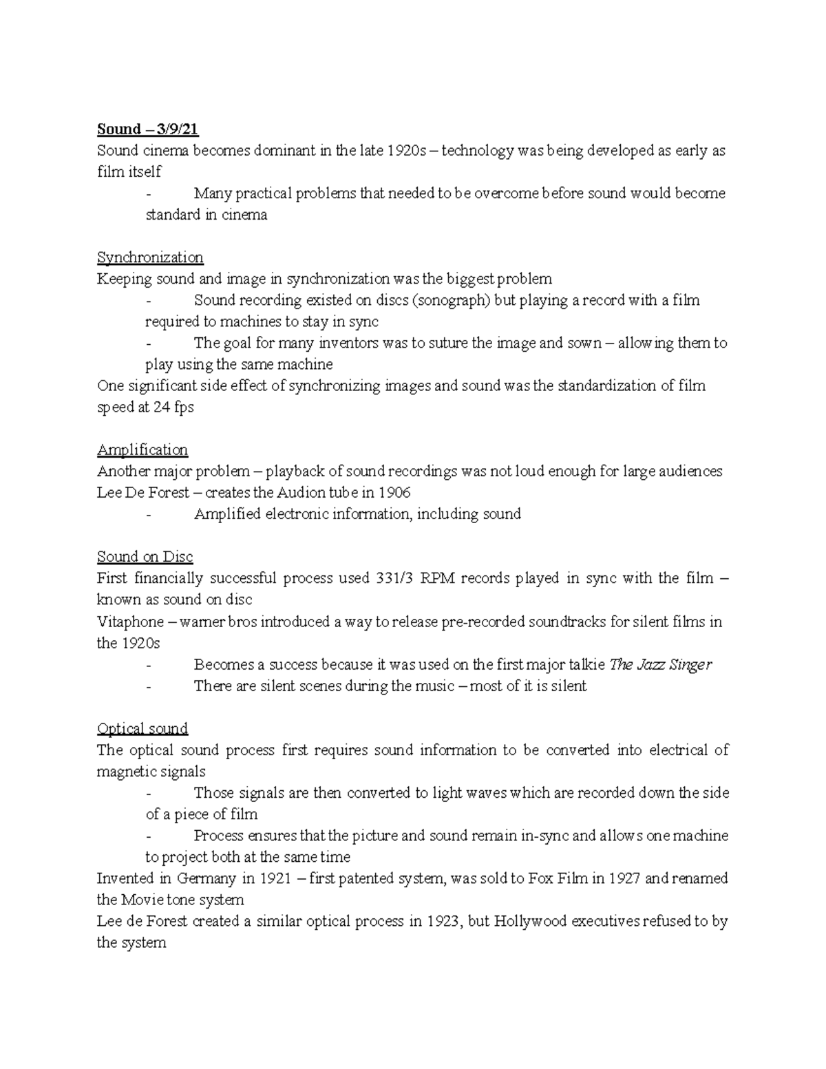 FILM - UNIT 6 - PUSTAY - Sound – 3/9/ Sound cinema becomes dominant in ...