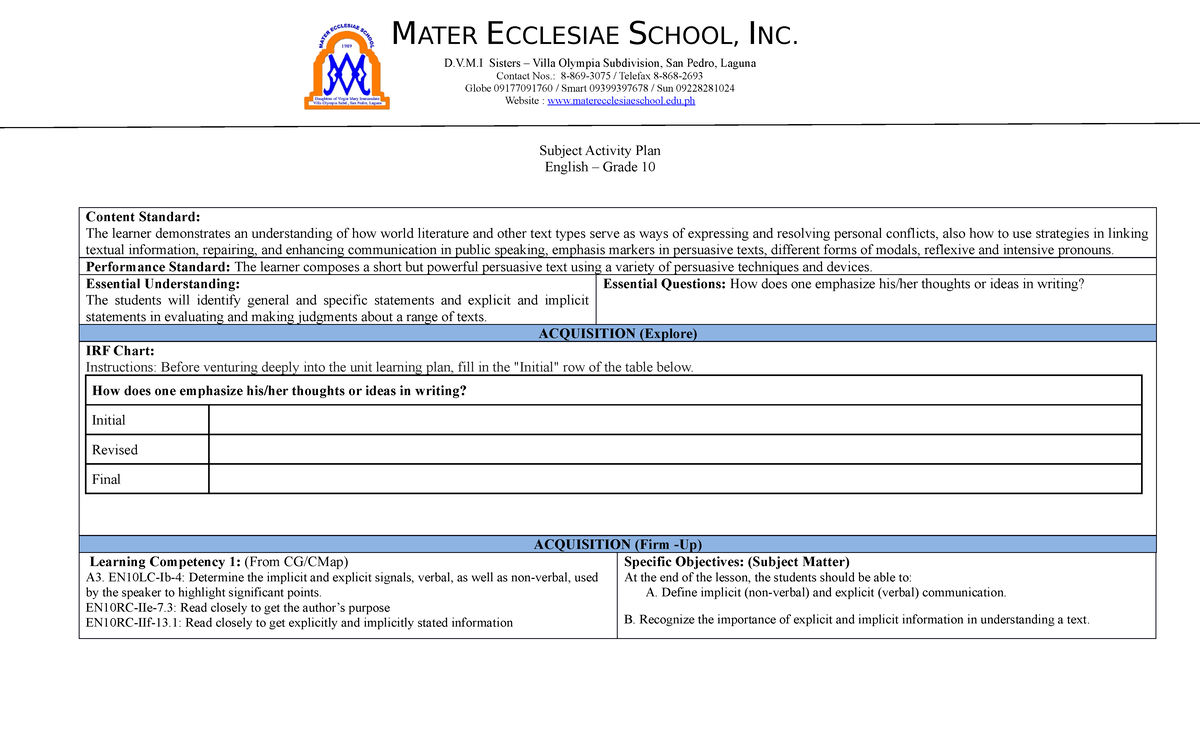 Eng10 SAP WEEK2 edited - For teachers who need a Subject Activity Plan ...