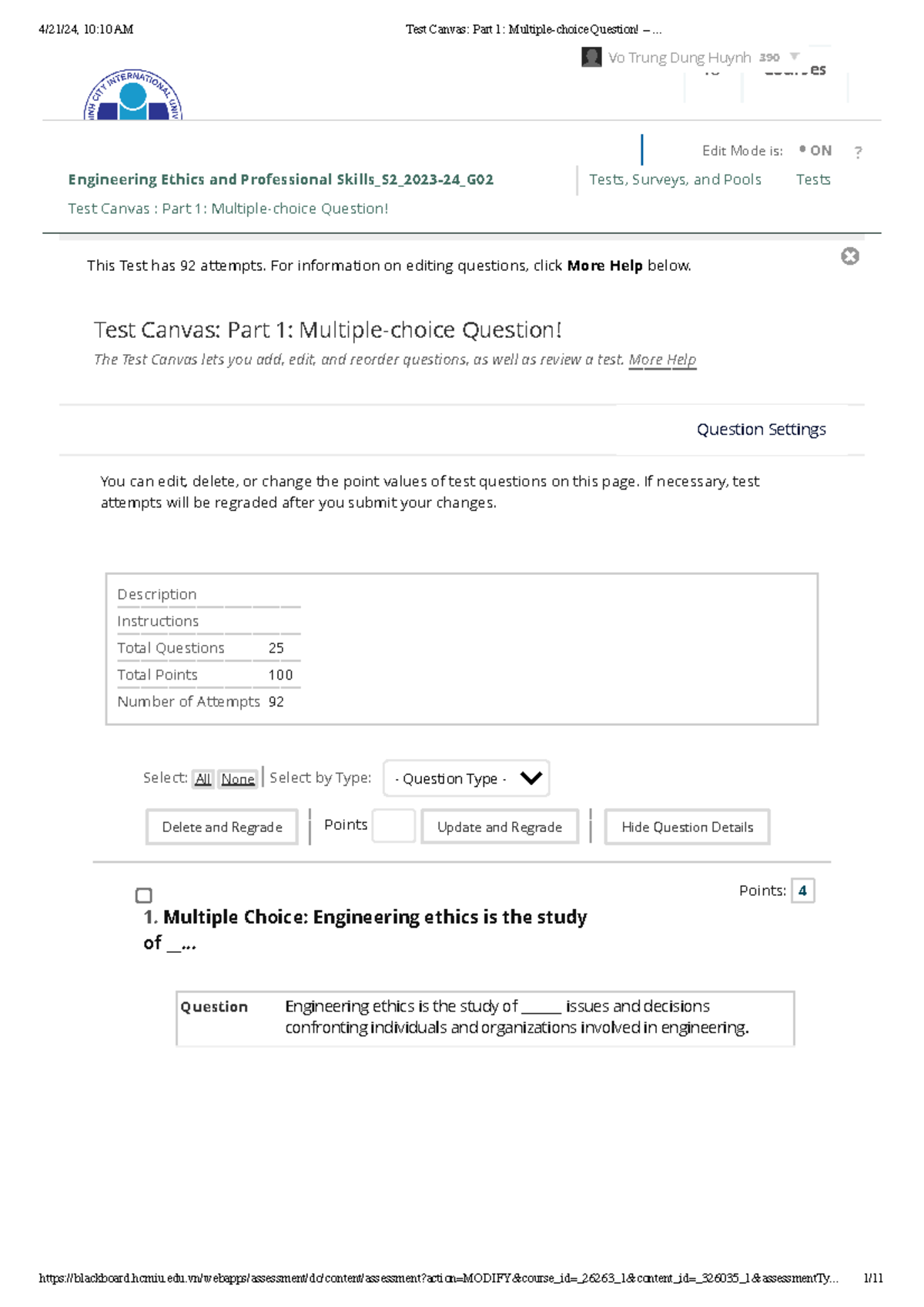 Test-Canvas -Part-1 -Multiple-choice-Question - Edit Mode is: •ON ...
