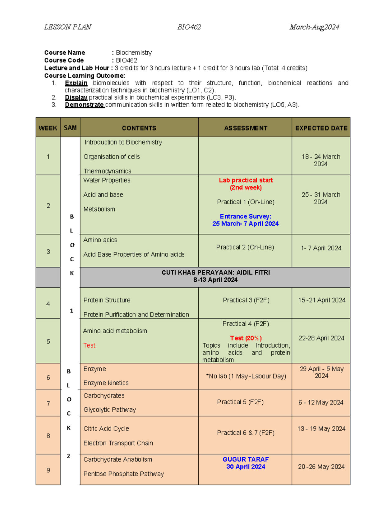 BIO462-Lesson Plan March-Aug2024 - LESSON PLAN BIO462 March-Aug Course ...