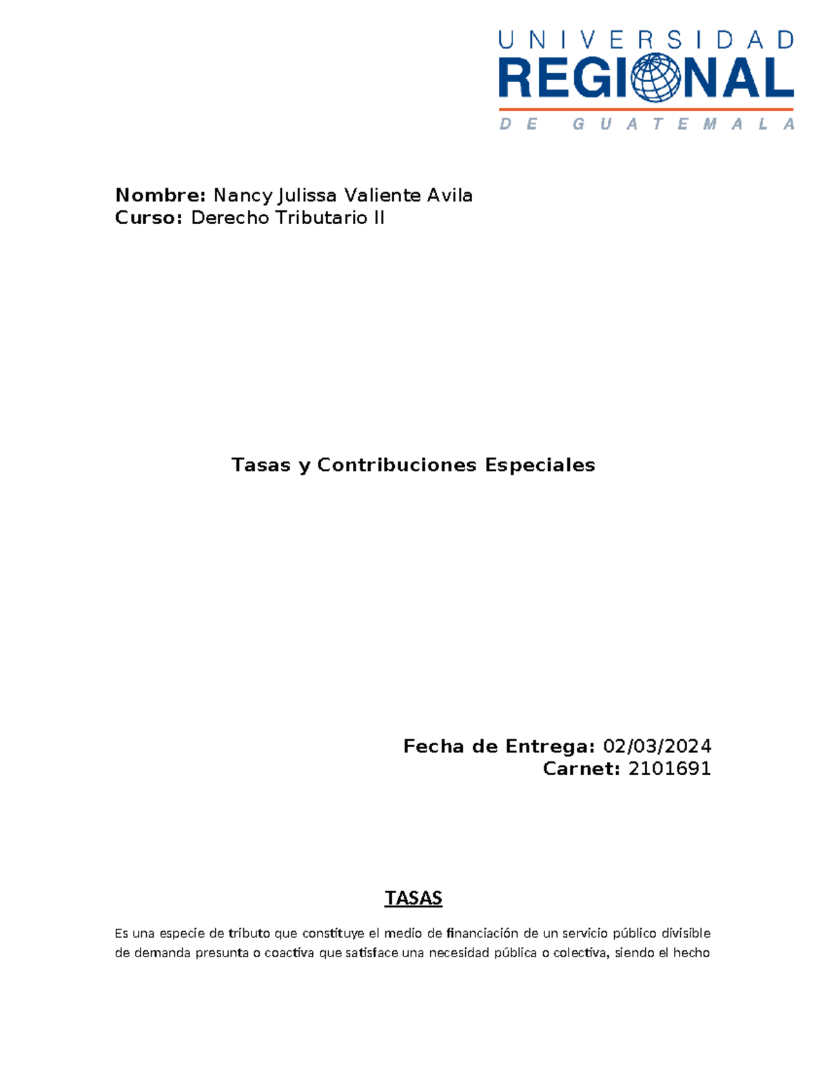 Analisis Tasas y Contribuciones especiales - Nombre: Nancy Julissa ...