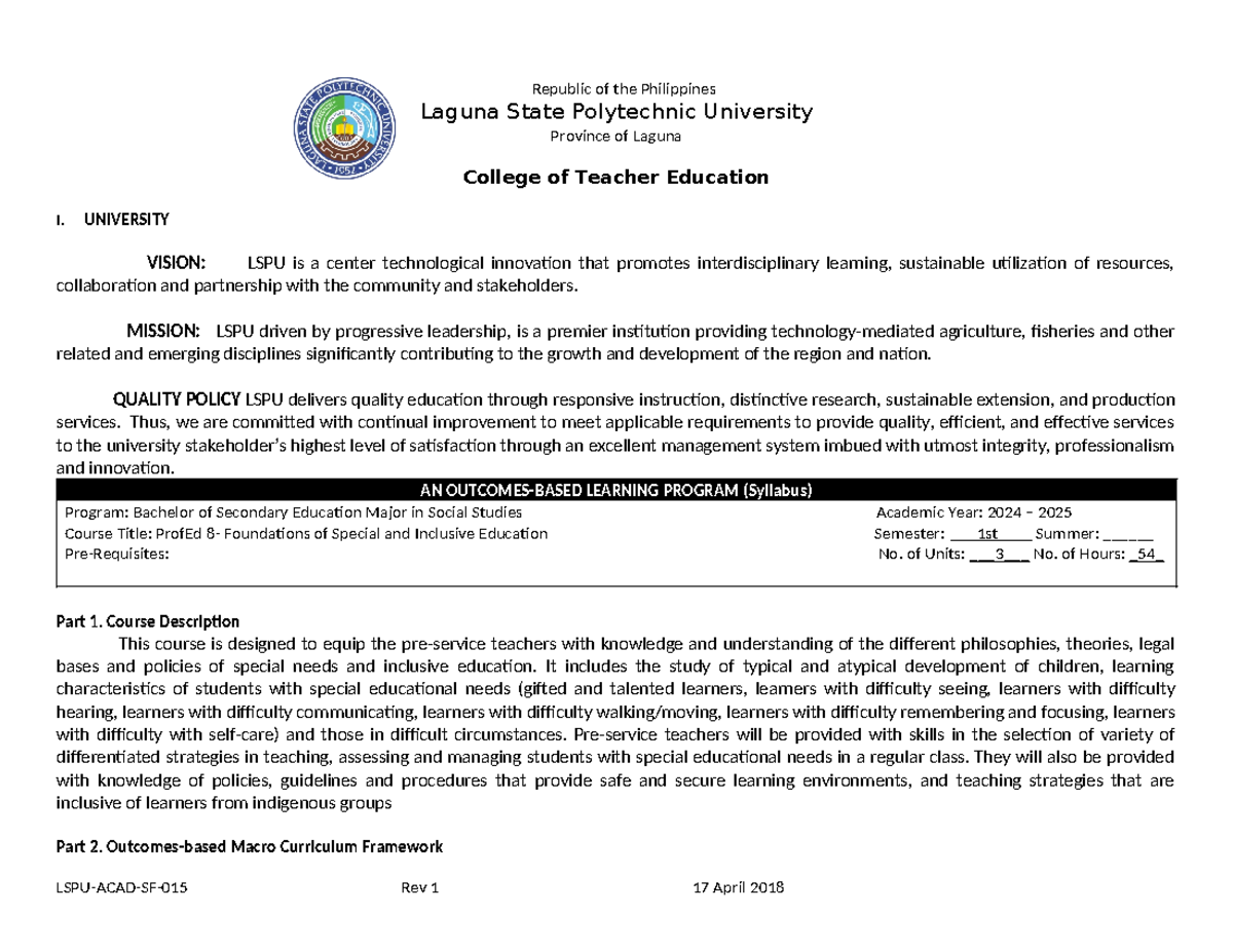 Course Syllabus IN Profed 8 - Republic of the Philippines Laguna State ...