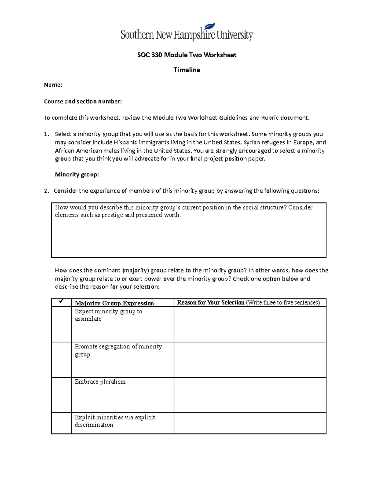 SOC 330 Module Two Worksheet - SOC 330 Module Two Worksheet Timeline ...