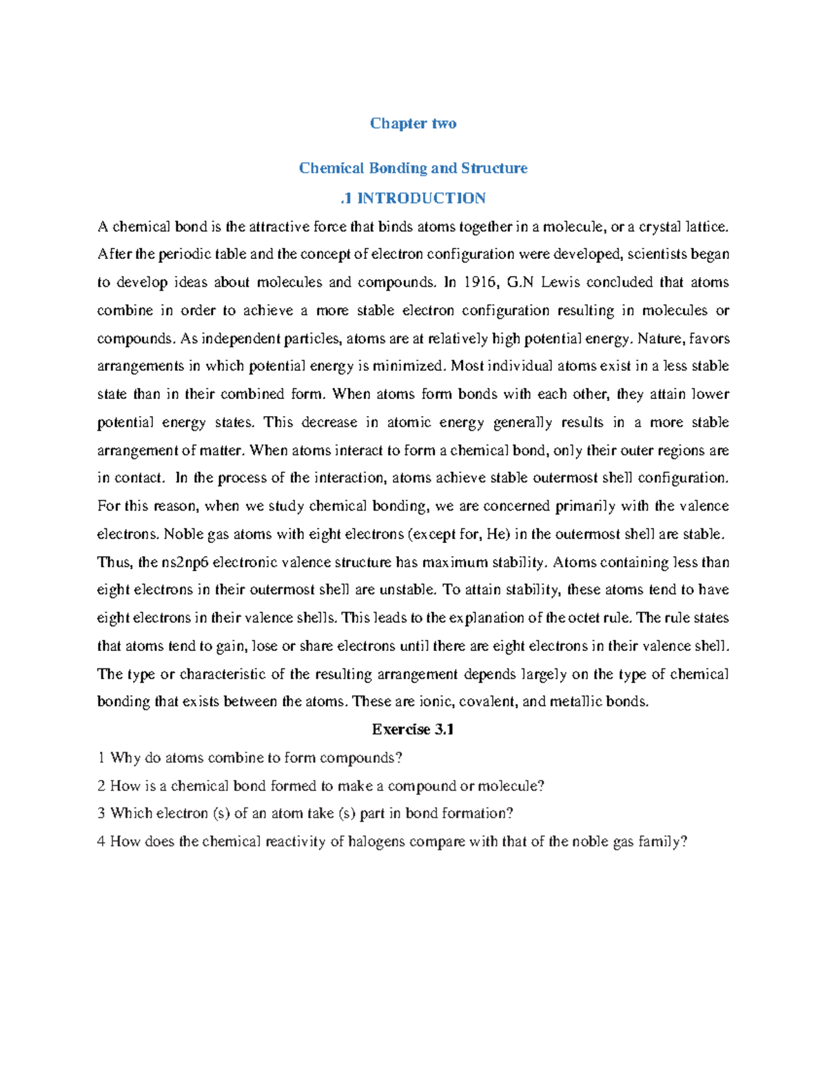 UNIT 2 - chemical bonding - Chapter two Chemical Bonding and Structure ...