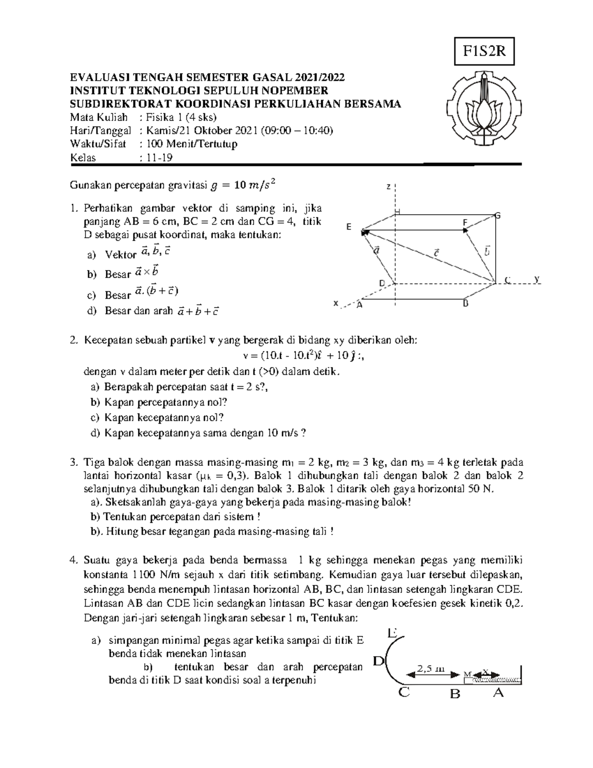 Kamis Sesi 2 ETS Fisika 1 Gasal 2021 ok - EVALUASI TENGAH SEMESTER GASAL 2021/ INSTITUT ...