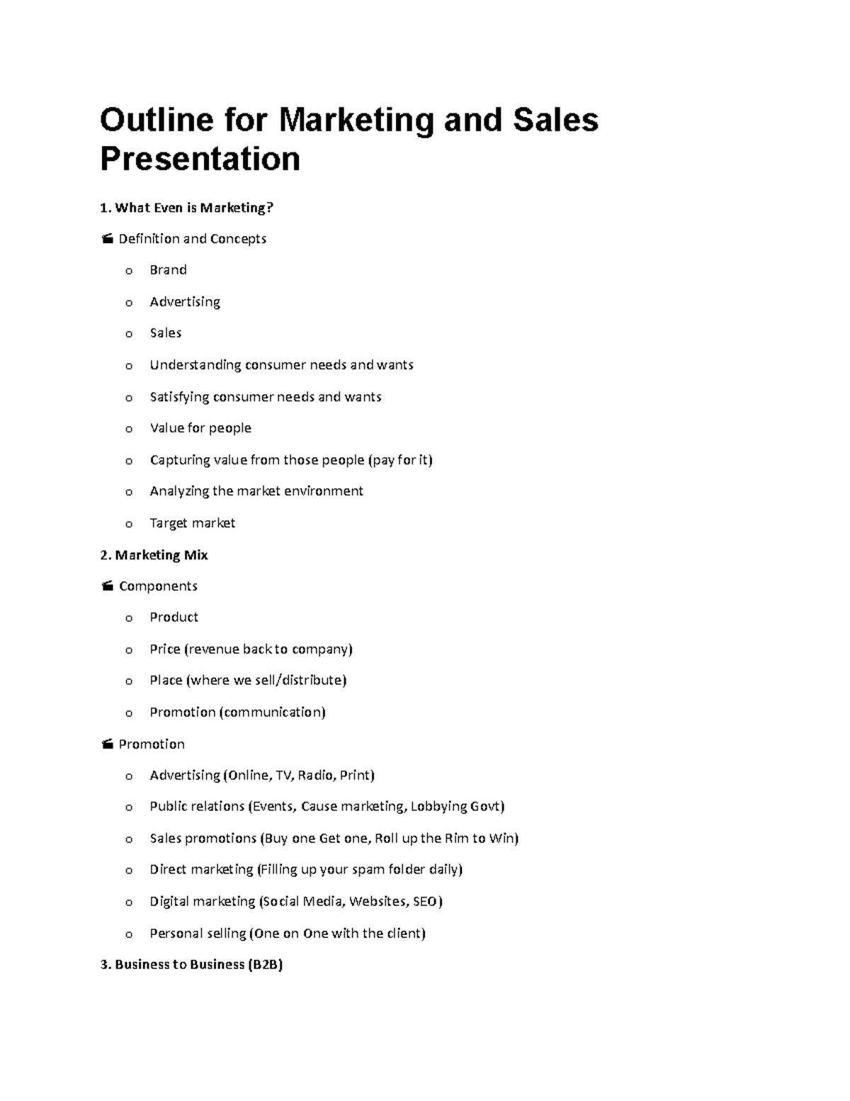 Outline for Marketing and Sales Presentation - What Even is Marketing ...