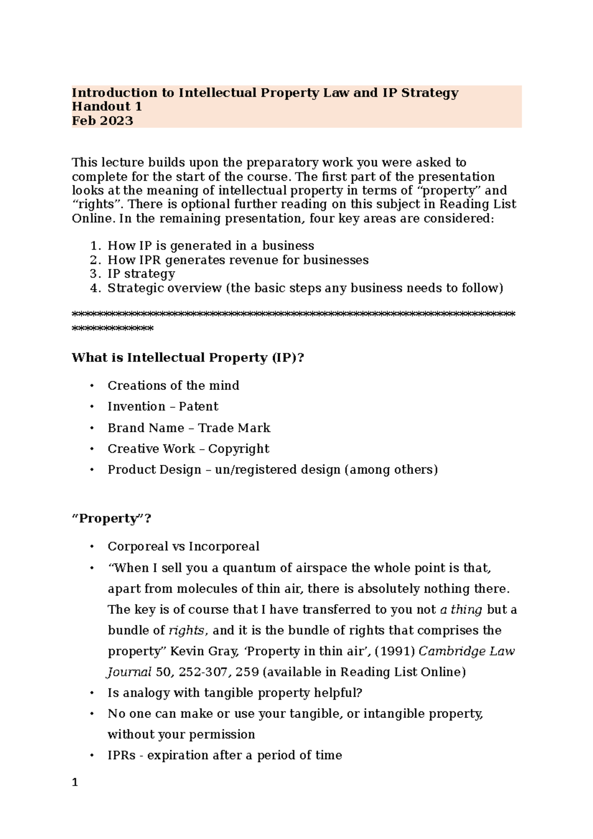 Handout 1 Feb 2023 - Introduction to Intellectual Property Law and IP Strategy Handout 1 Feb ...