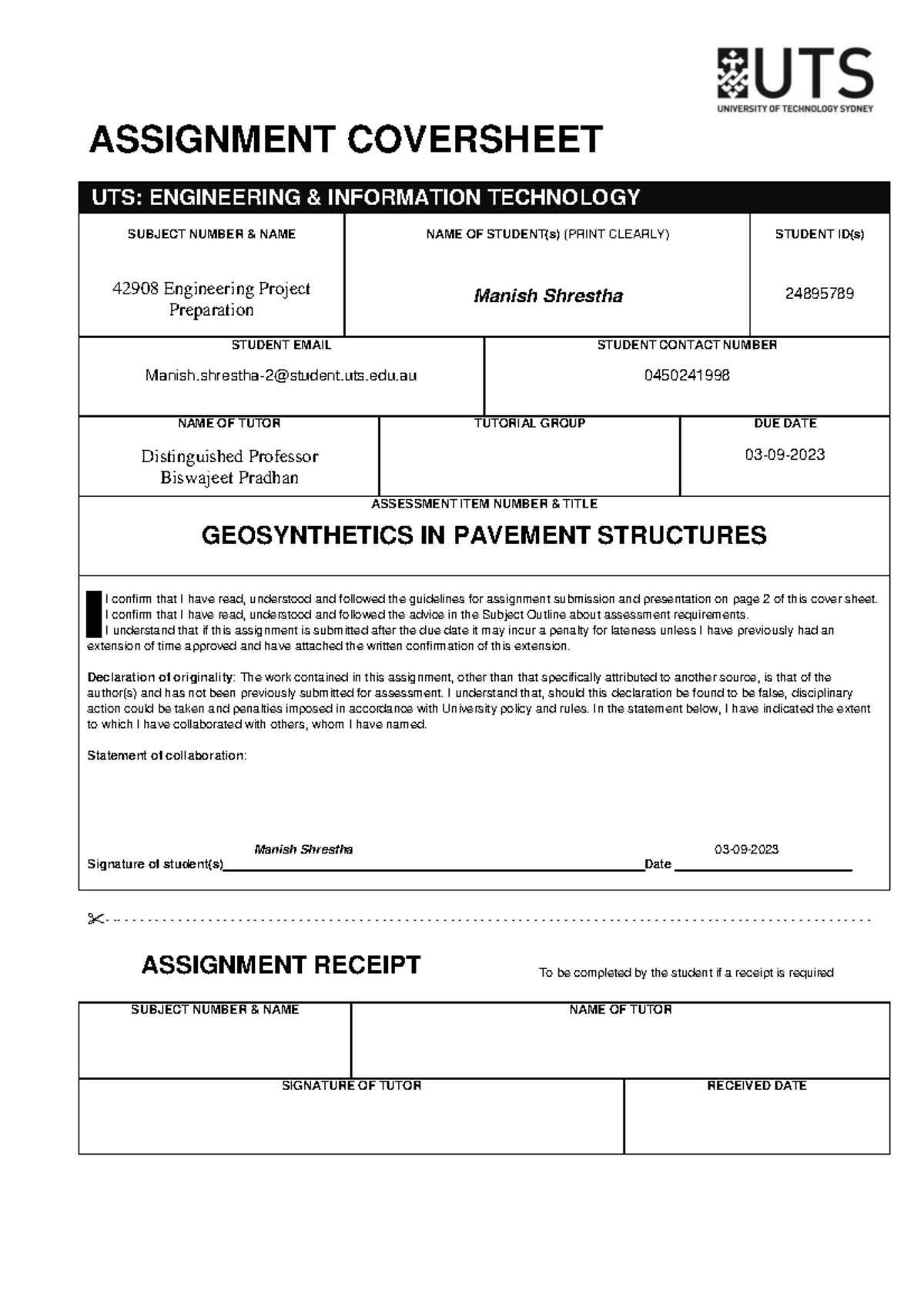 EPP Research Project - ASSIGNMENT COVERSHEET UTS: ENGINEERING & INFORMATION TECHNOLOGY SUBJECT ...