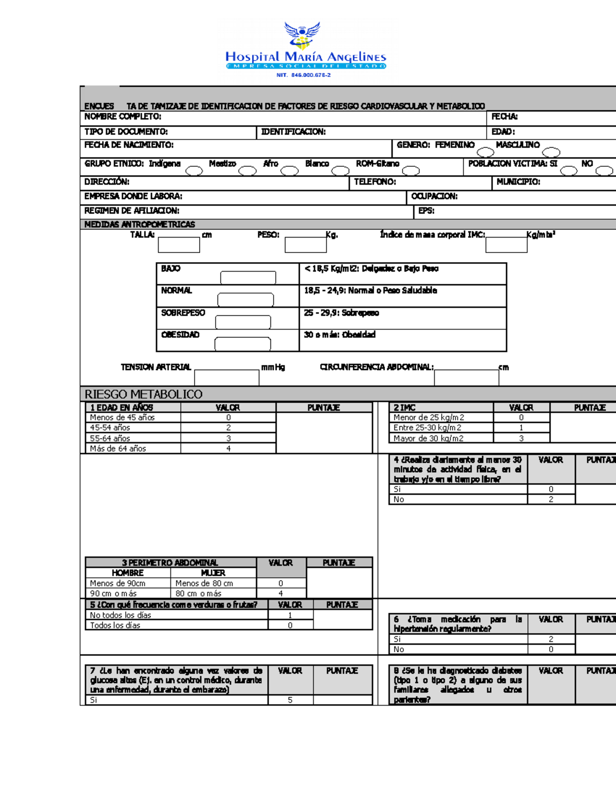 Formato TRCV - TAMIZAJE RIESGO CARDIOVASCULAR - ENCUES TA DE TAMIZAJE ...