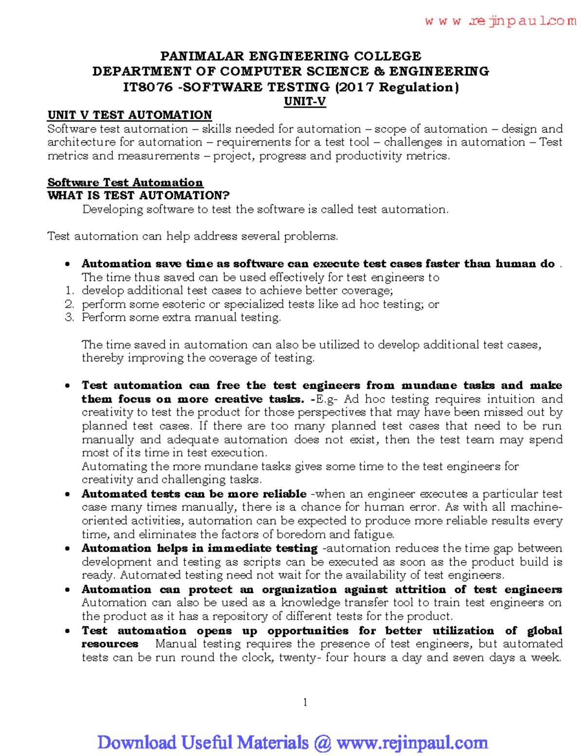 UNIT 5 Software Testing notes for 2017 regulation - 1 PANIMALAR ...