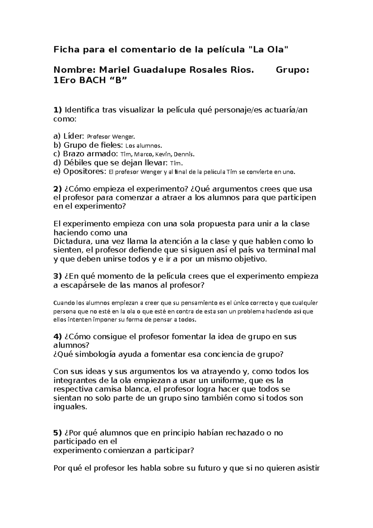 Película La Ola. preguntas y respuestas. mmmm - Ficha para el comentario de la película "La ...