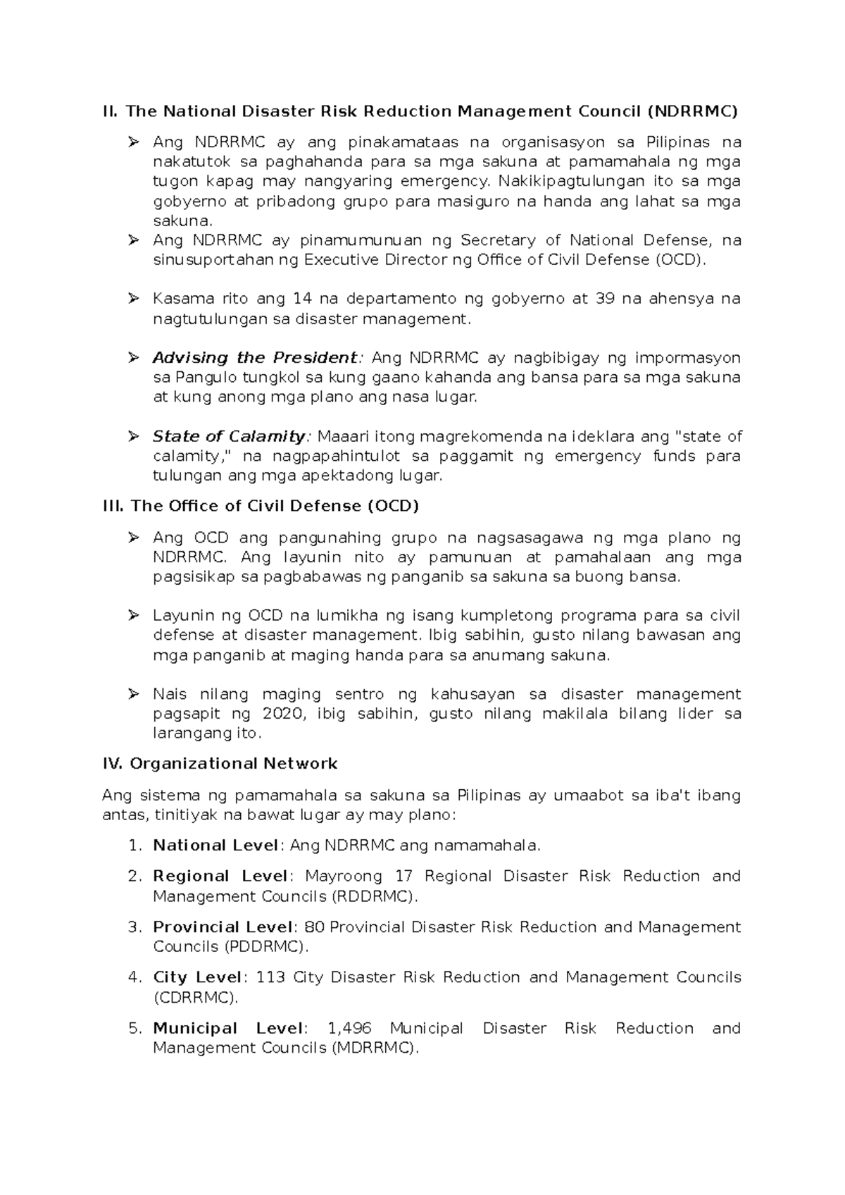 Report- DRRM - DRRM - II. The National Disaster Risk Reduction ...