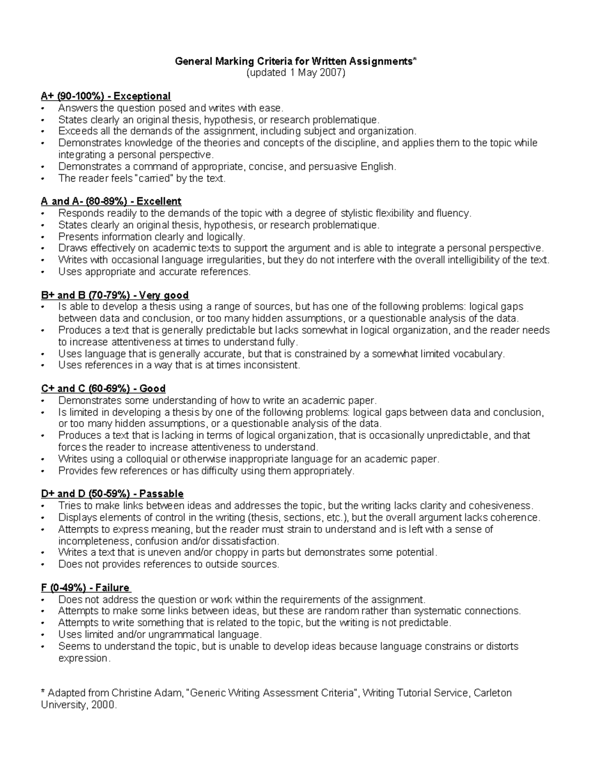 Mark Crit Written Work UOttawa - General Marking Criteria for Written Assignments* (updated 1 ...