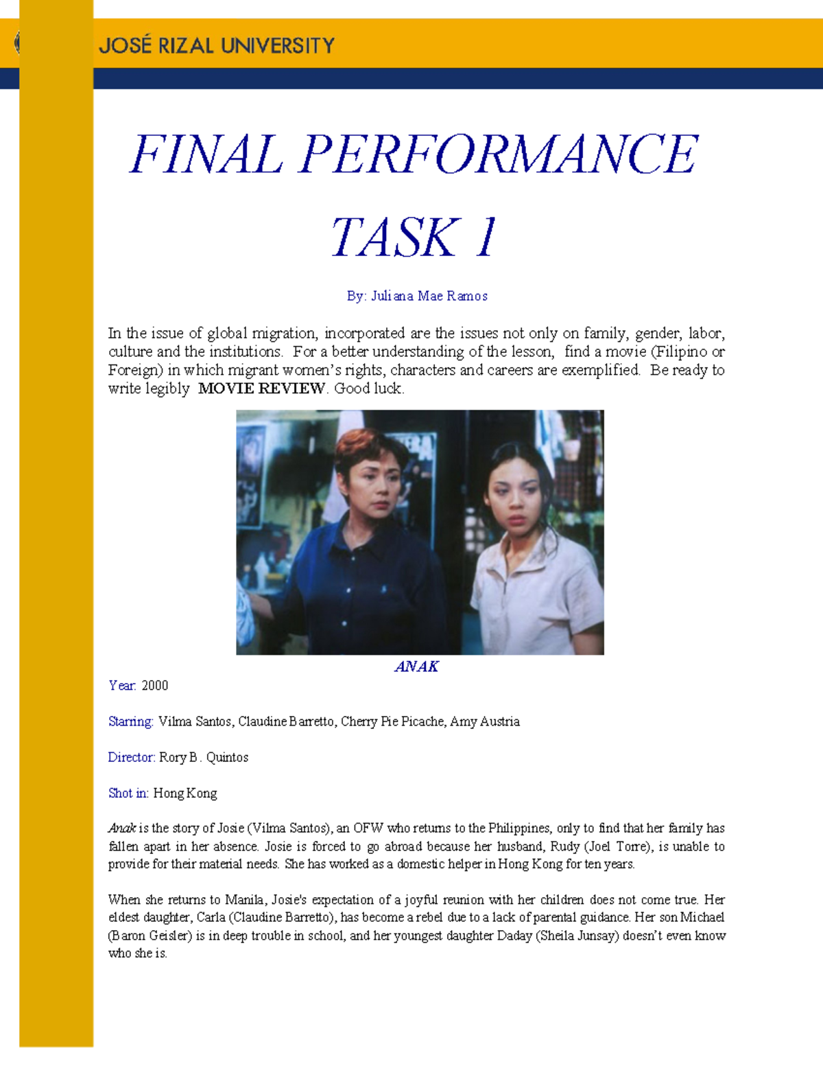 FPT #1 Ramos - Lecture notes. - FINAL PERFORMANCE TASK 1 By: Juliana ...