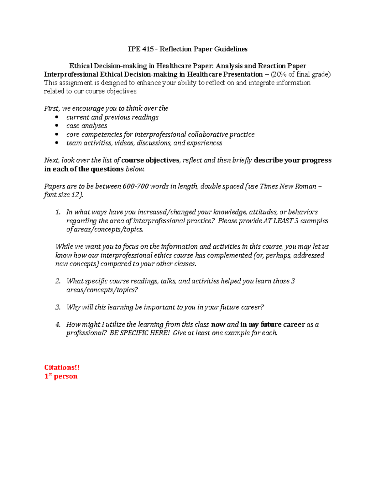 IPE Reflection paper guidelines Grading Rubric-3 - IPE 415 - Reflection ...