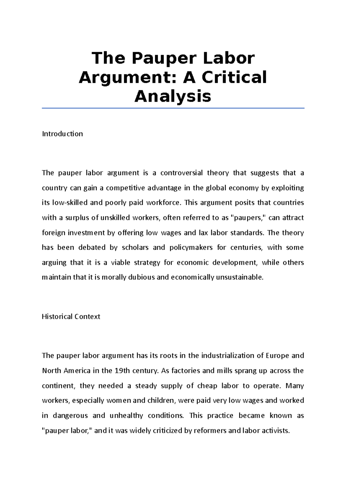 The Pauper Labor Argument, A Critical Analysis - The Pauper Labor ...