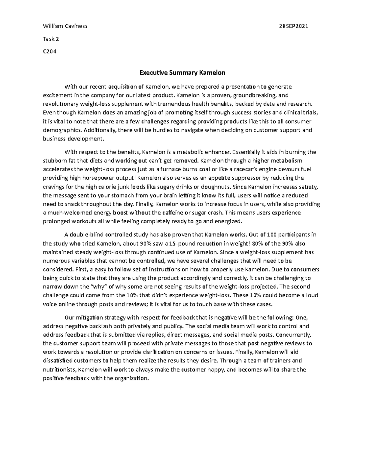 C204 Exectutive Summary - William Caviness 28SEP Task 2 C Executive ...