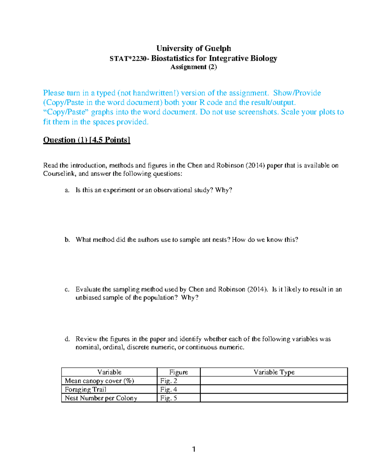 Assignment 2 W2023 NO Solutions - University of Guelph STAT*2230- Biostatistics for Integrative ...