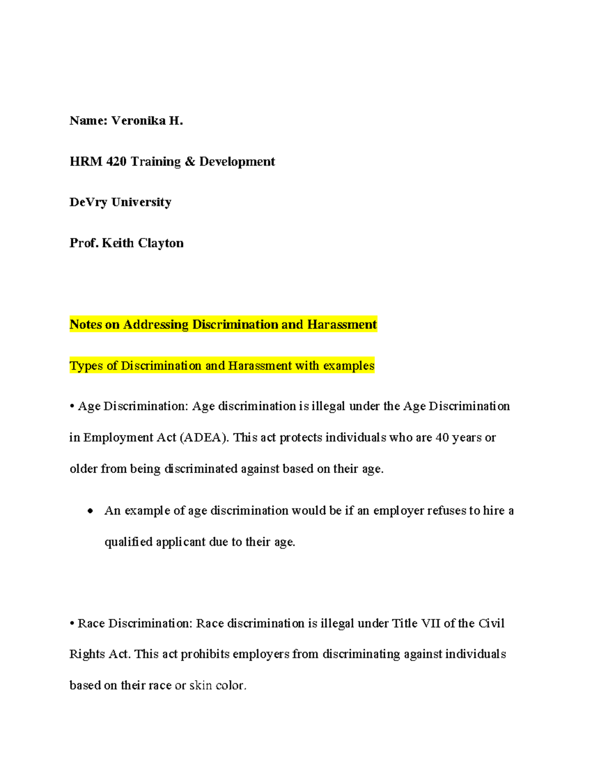 Addressing Discrimination and Harassment - Namе: Vеronika H. HRM 420 ...