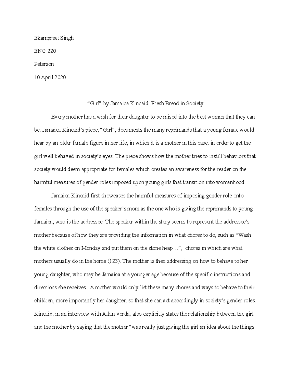 Essay 2 - girl by jamaica kincaid - Ekampreet Singh ENG 220 Peterson 10 ...