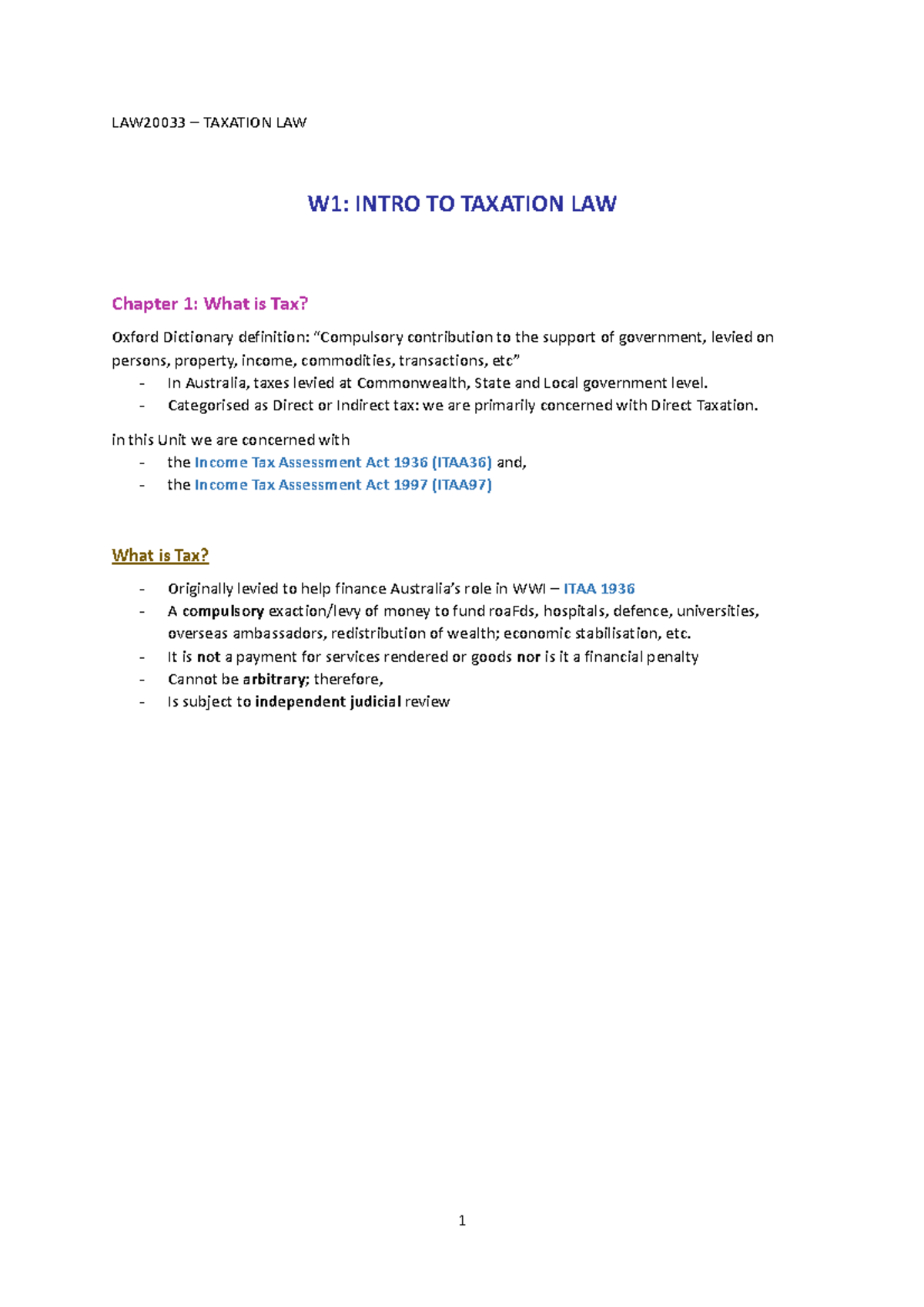 LAW2003 3 Taxation Law Summary - LAW20033 – TAXATION LAW W1: INTRO TO ...