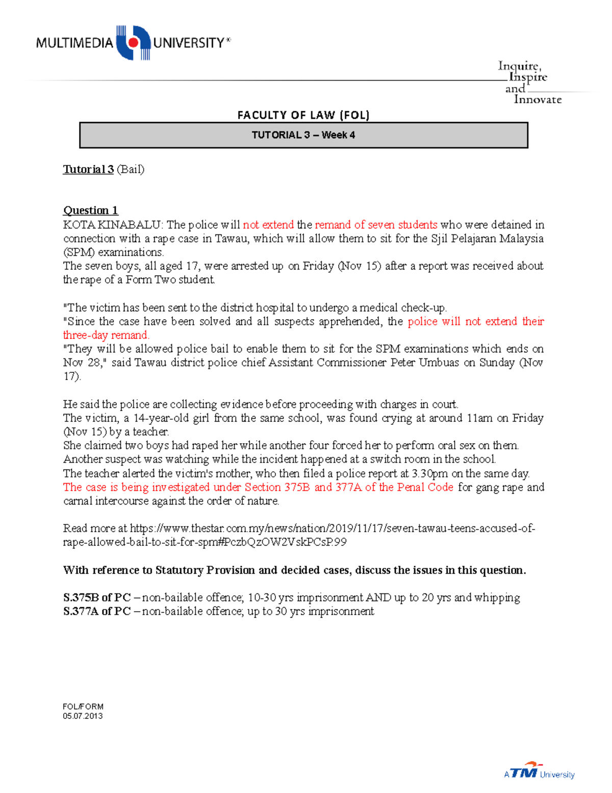 Week 4 Tutorial 2022 - FACULTY OF LAW (FOL) TUTORIAL 3 – Week 4 ...
