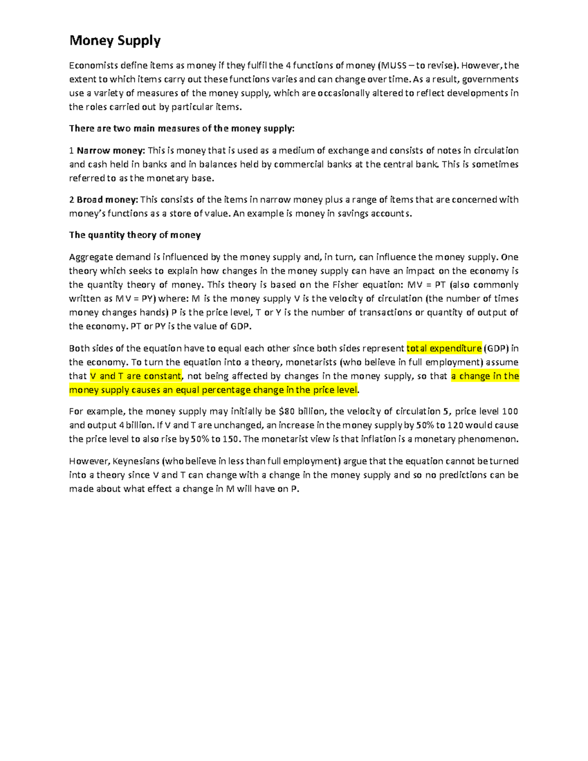 1 Money supply - Notes on economic - Money Supply Economists define ...