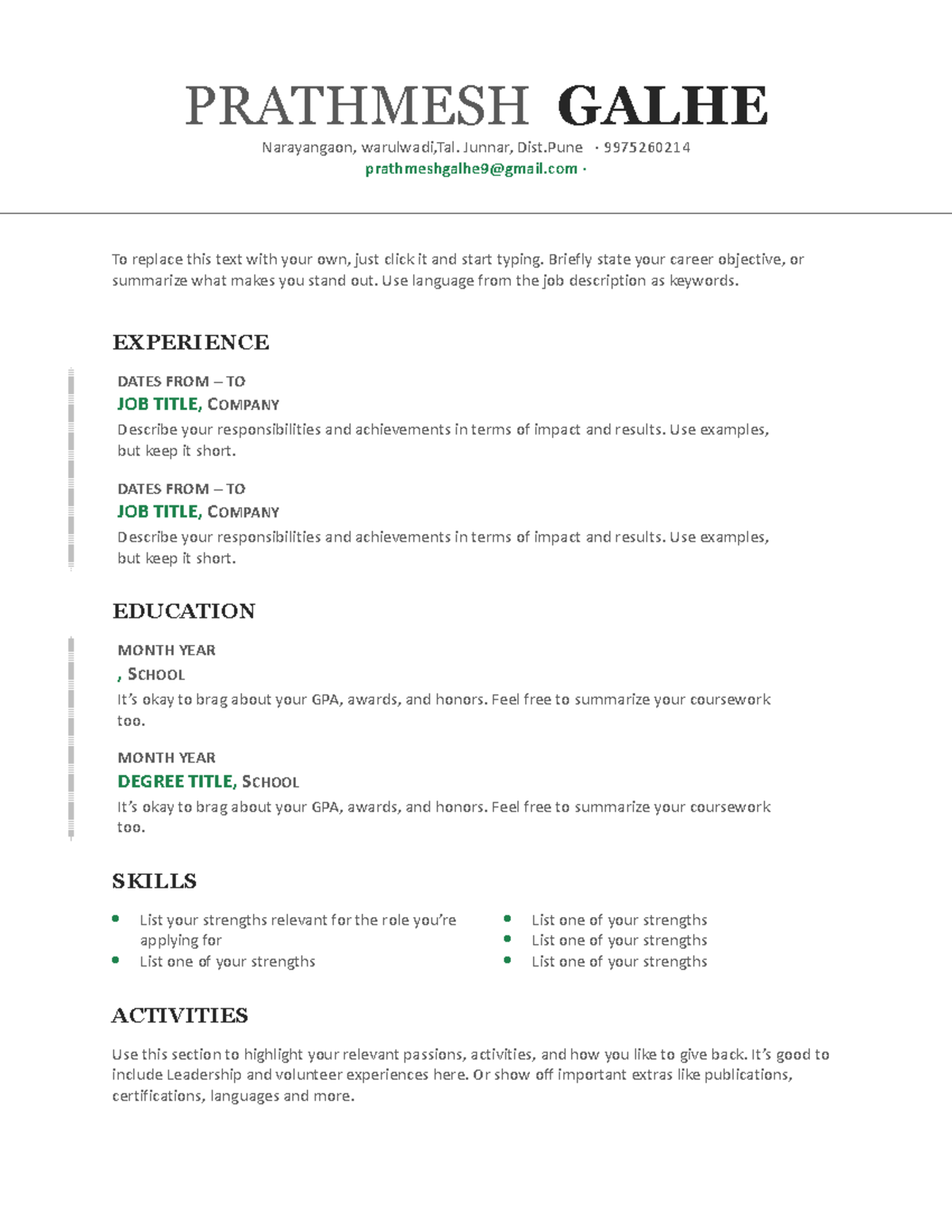 Prathmesh galhe - resume work - PRATHMESH GALHE Narayangaon, warulwadi,Tal. Junnar, Dist · - Studocu
