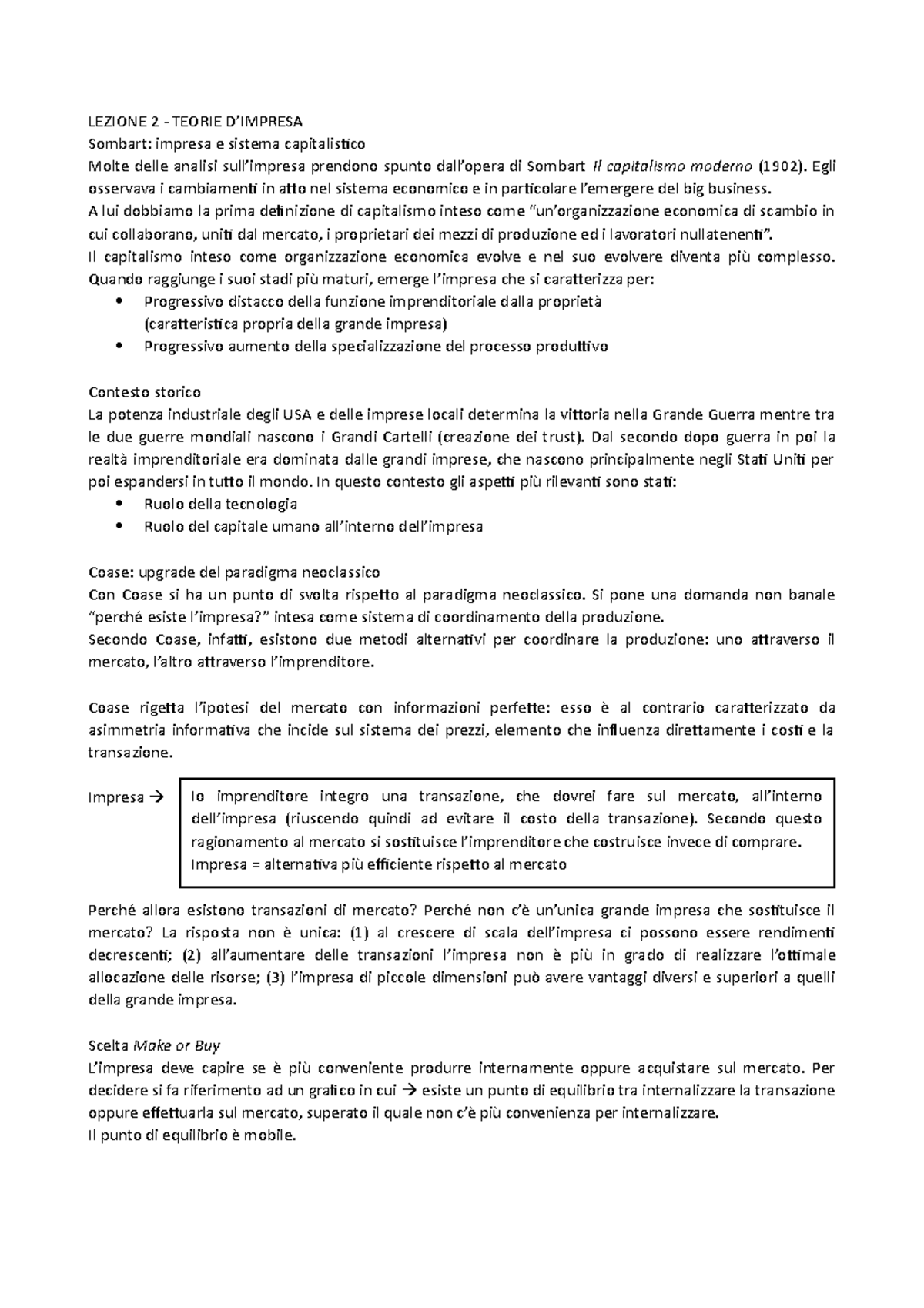 Lezione 2 - kjjj - LEZIONE 2 - TEORIE D’IMPRESA Sombart: impresa e sistema capitalistico Molte ...
