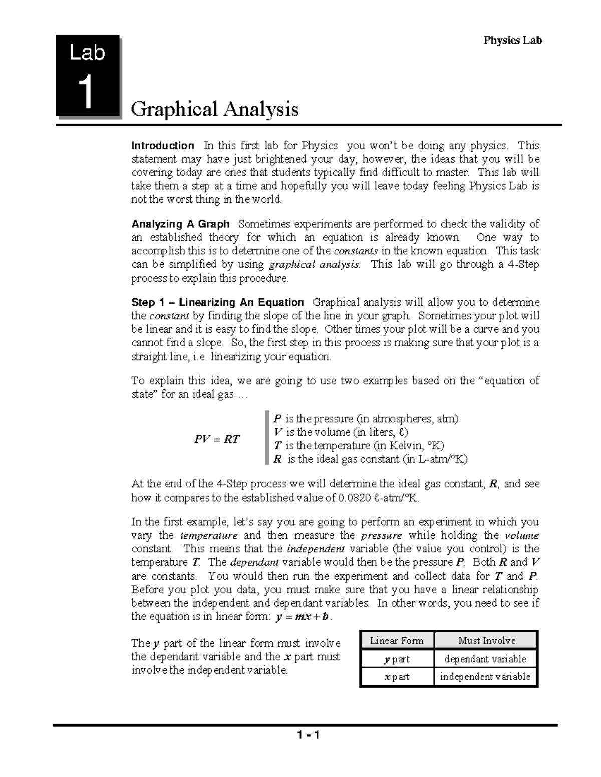 211 Exp 1 Graphical Analysis - b Physics Lab Lab 1 Graphical Analysis ...