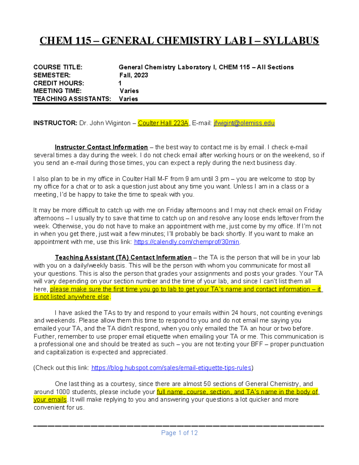 CHEM 115 Syllabus, Fall 2023, 8-17-2023 - CHEM 115 – GENERAL CHEMISTRY ...