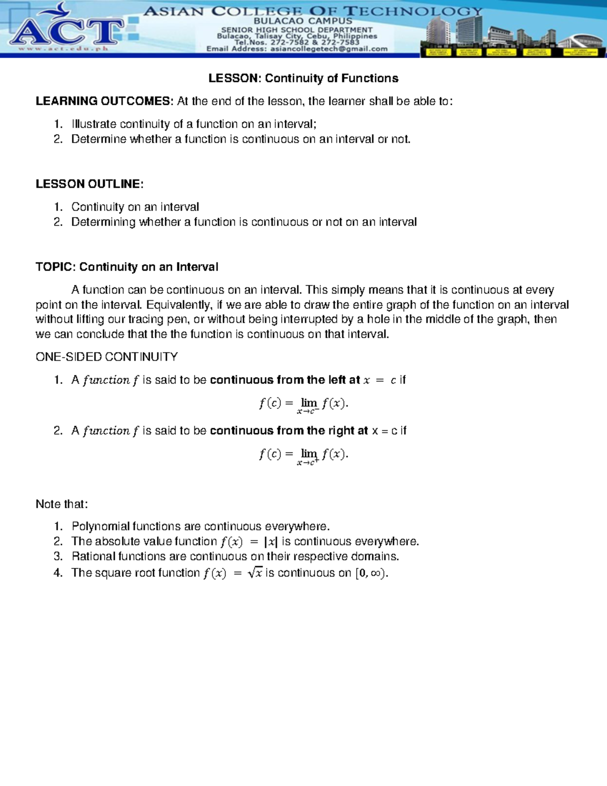 Ascynchronous Learning Materials Continuity ON AN Interval - LESSON: Continuity of Functions ...